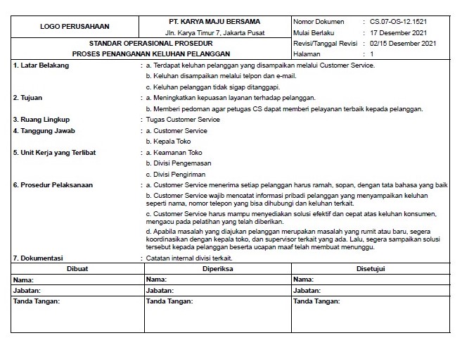 15+ Contoh SOP Perusahaan dll | Beserta Pengertian & Cara Membuatnya ...